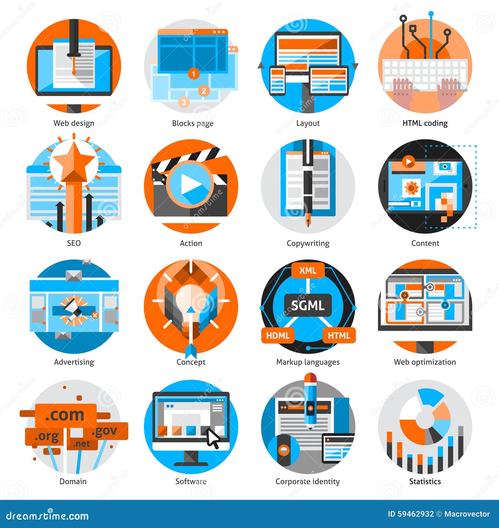 Creative Online Work Round Icons Set Stock Vector - Illustration of ...
