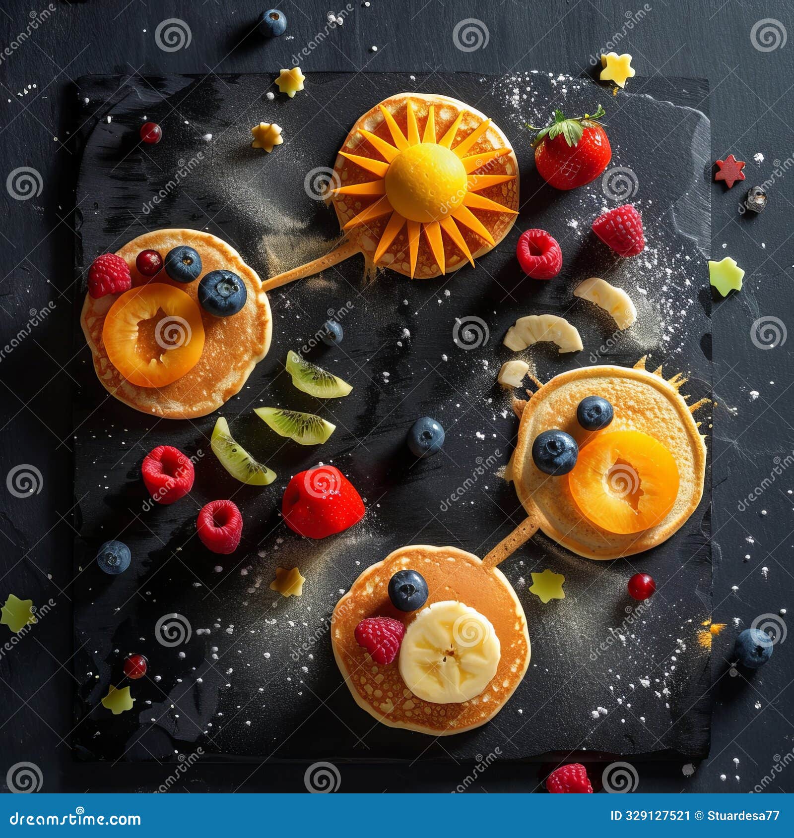 Creative Pancake Art with Fruit Decorations on Dark Background Stock ...