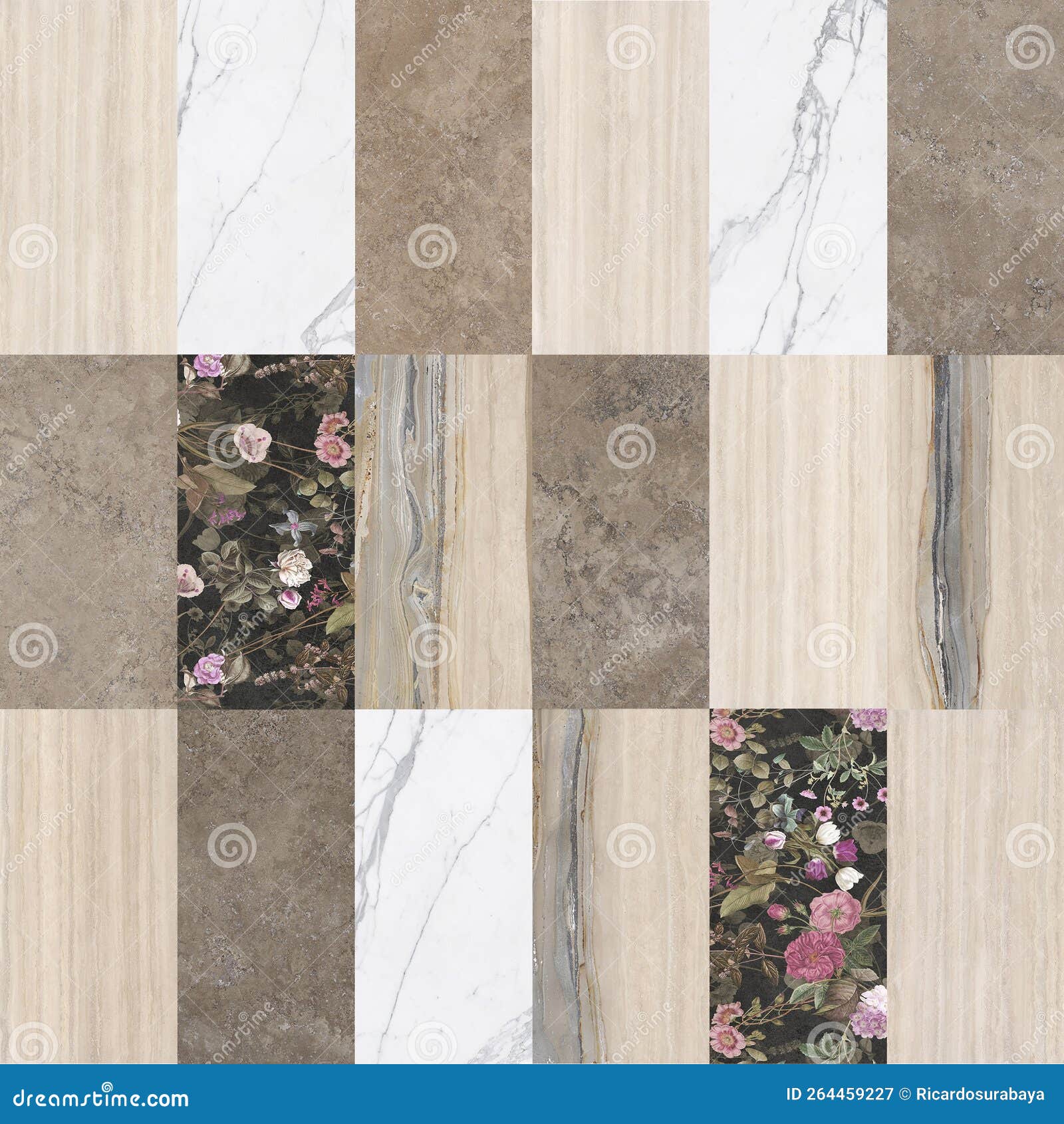 Creative Patchwork Design Combining Different Marbles with Roses Flowers Illustrations Stock ...