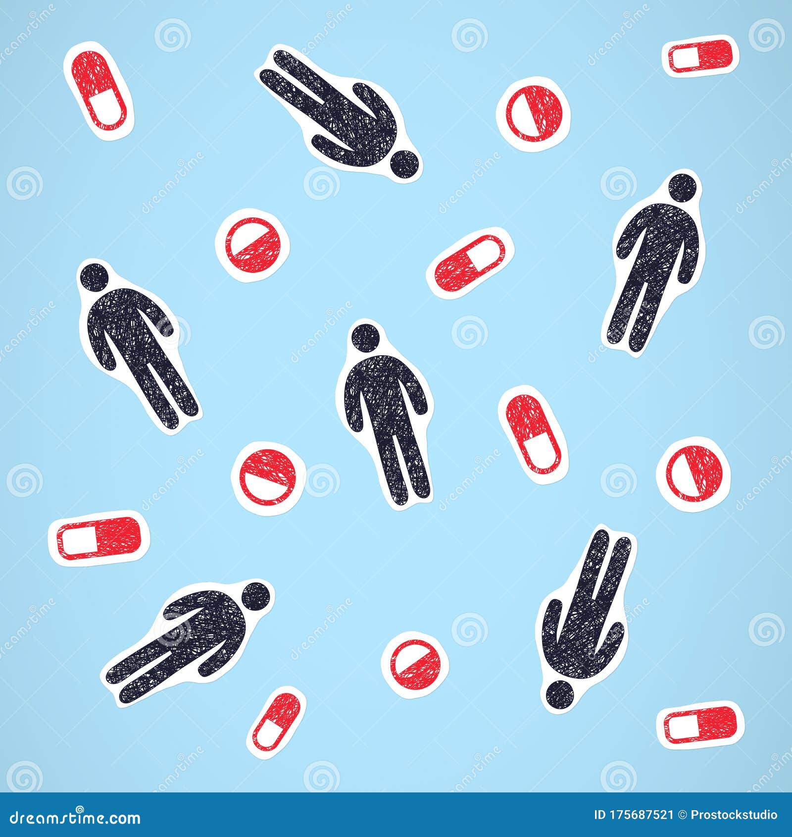 Creative Pattern with Human Figures and Red Pills on Blue Background ...