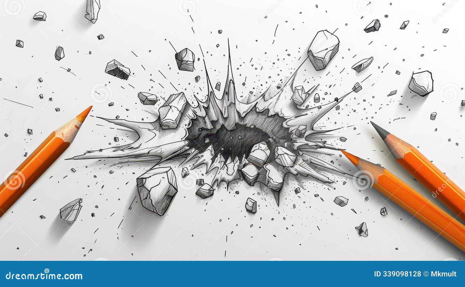 Creative Pencil Drawing of an Explosion Surrounded by Flying Rocks on a ...
