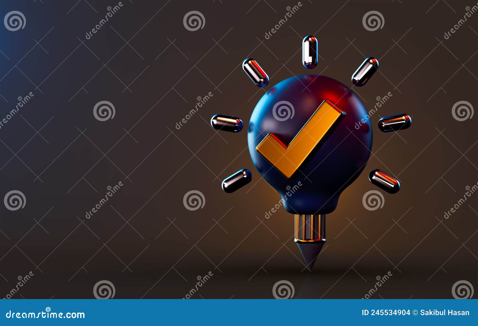 Creative Pencil Icon with Attached Lightbulb Check Mark on Dark ...