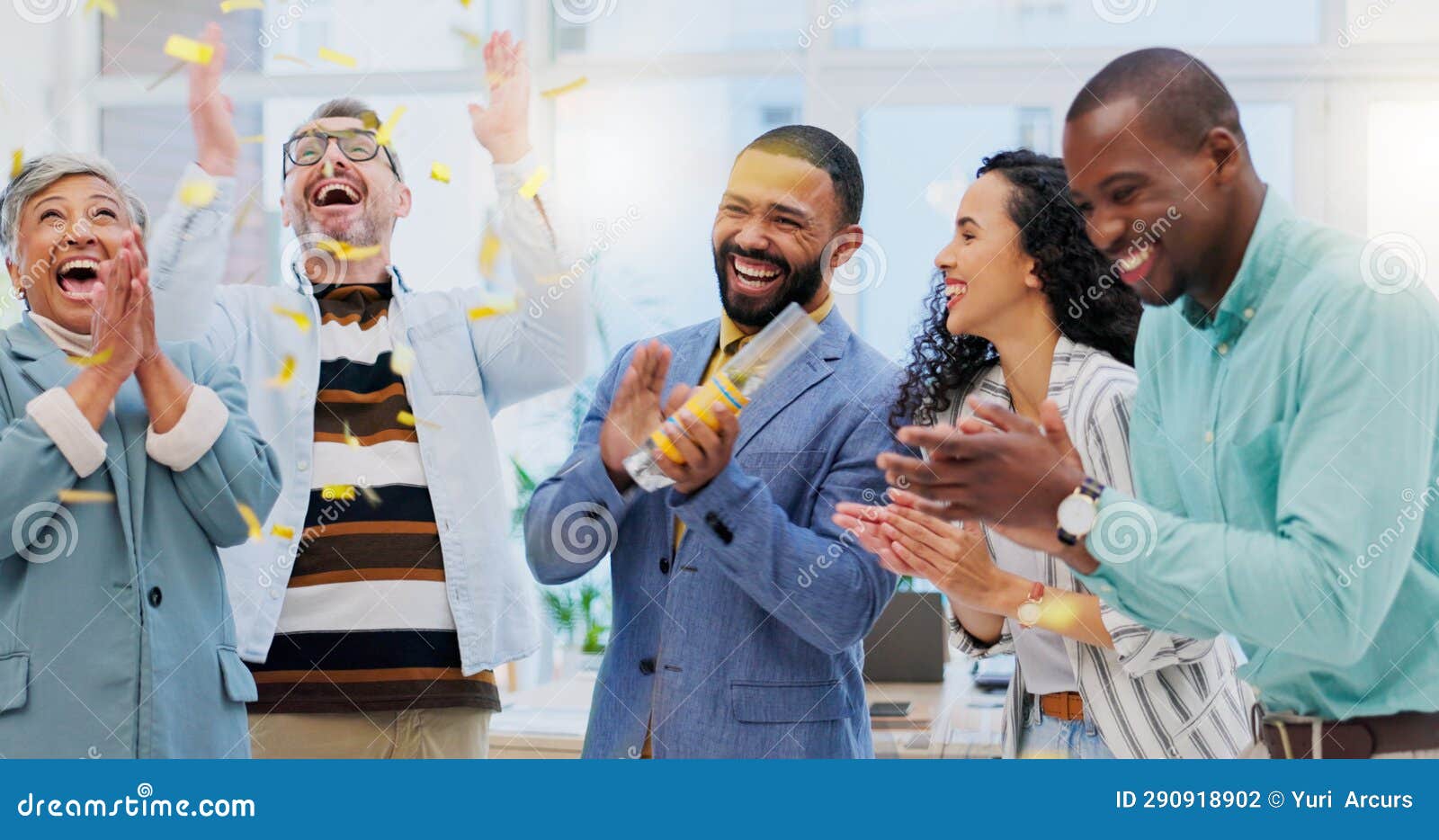 Creative People, Applause and Confetti in Celebration for Winning, Team ...