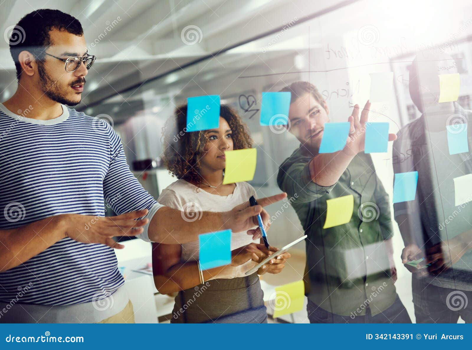 Creative, People and Sticky Notes on Glass for Strategy, Timeline and ...