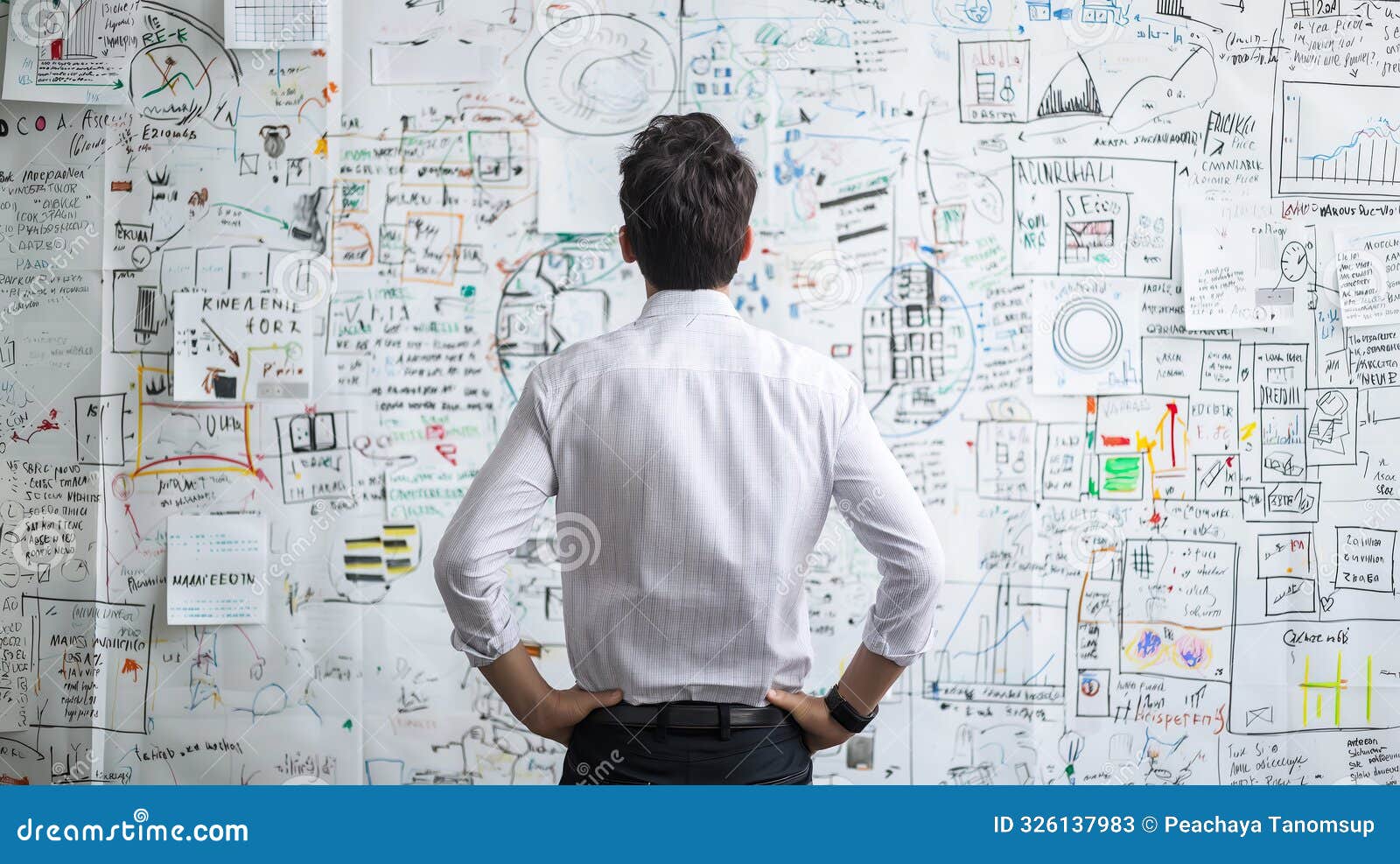 A Creative Person Stands at the Office, Deeply Thinking about Schedule ...