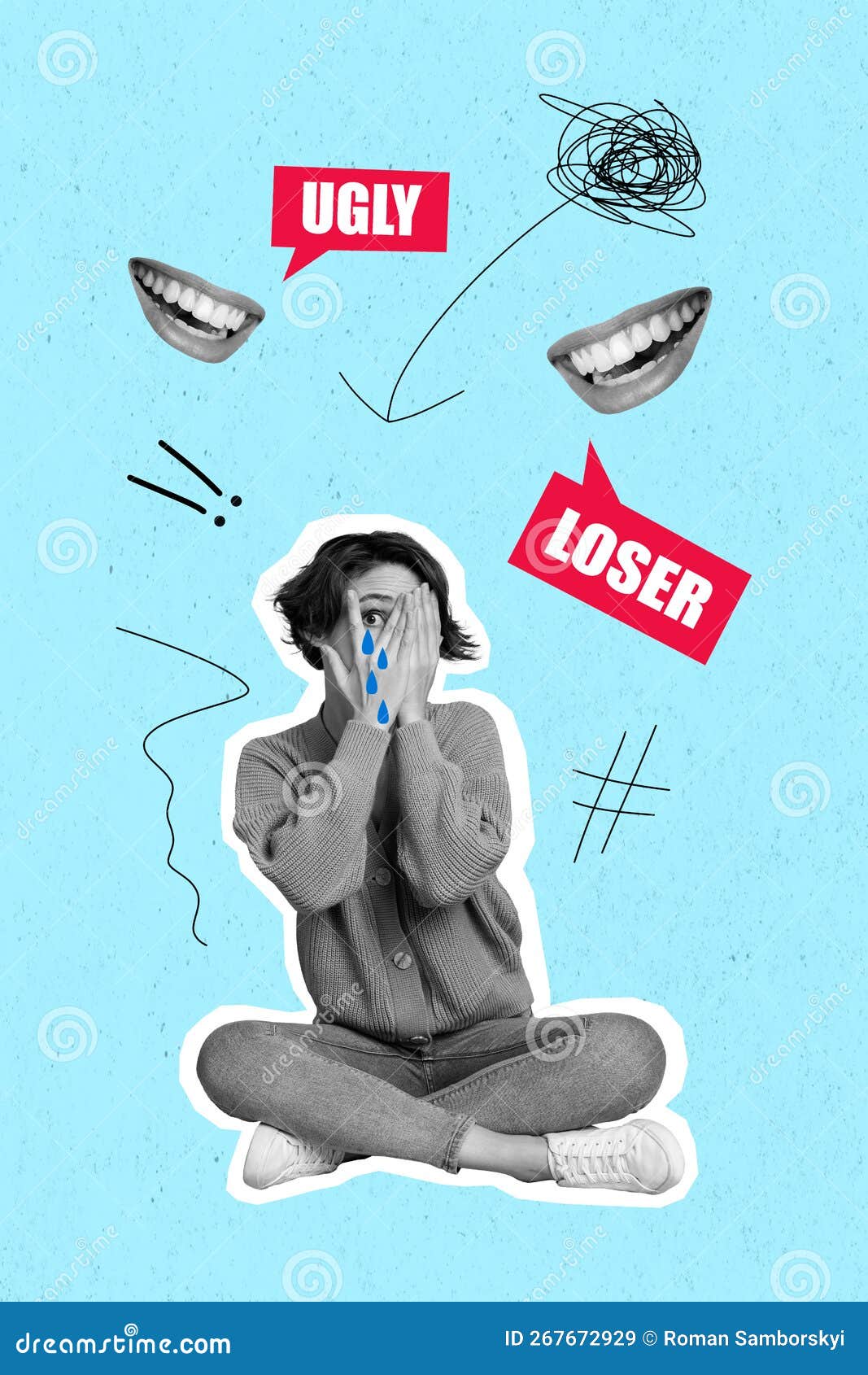Creative Photo 3d Collage Artwork Poster Of Young Unhappy Girl
