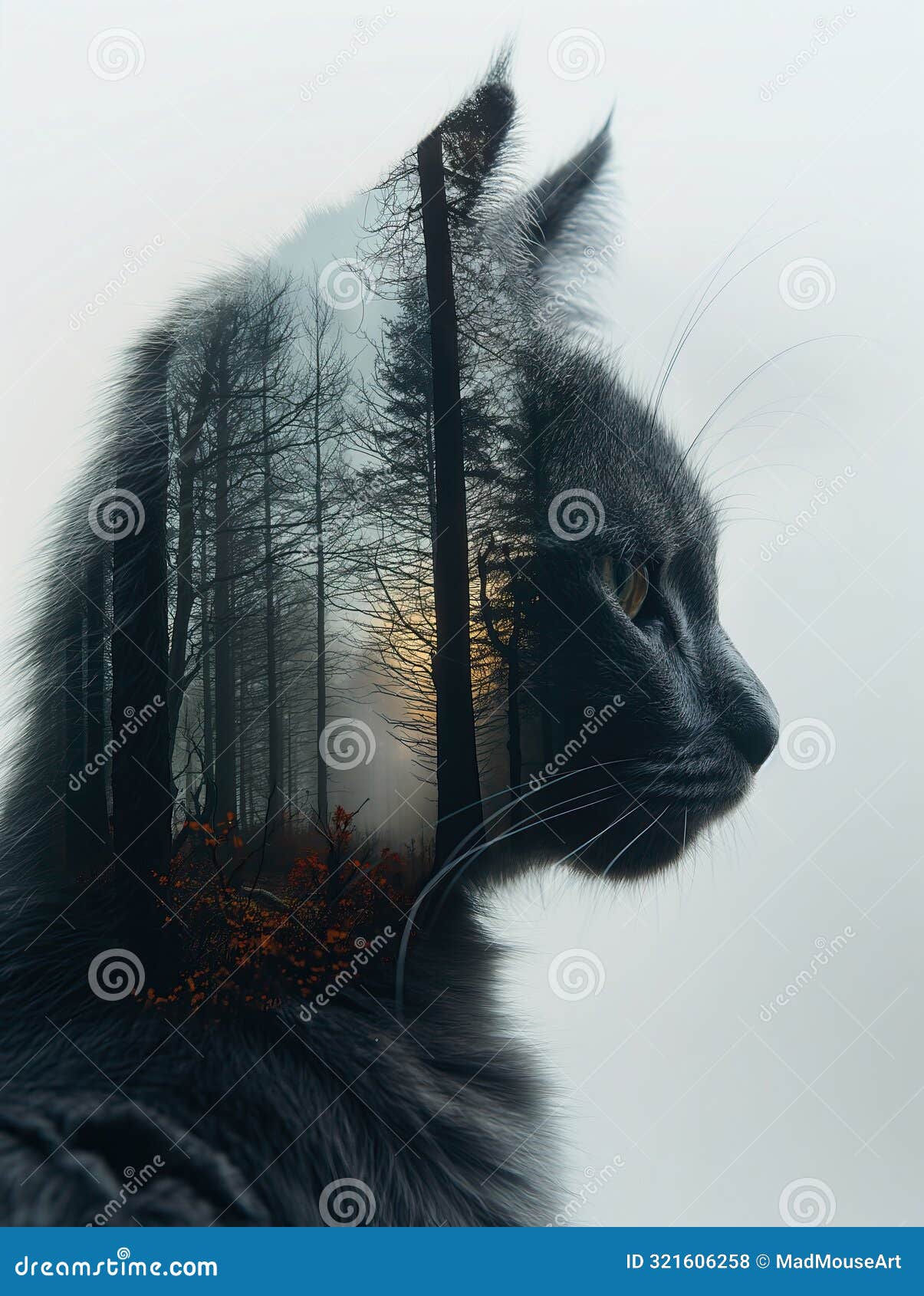 Creative Photo with Double Exposure. Silhouette of a Cat Against a ...