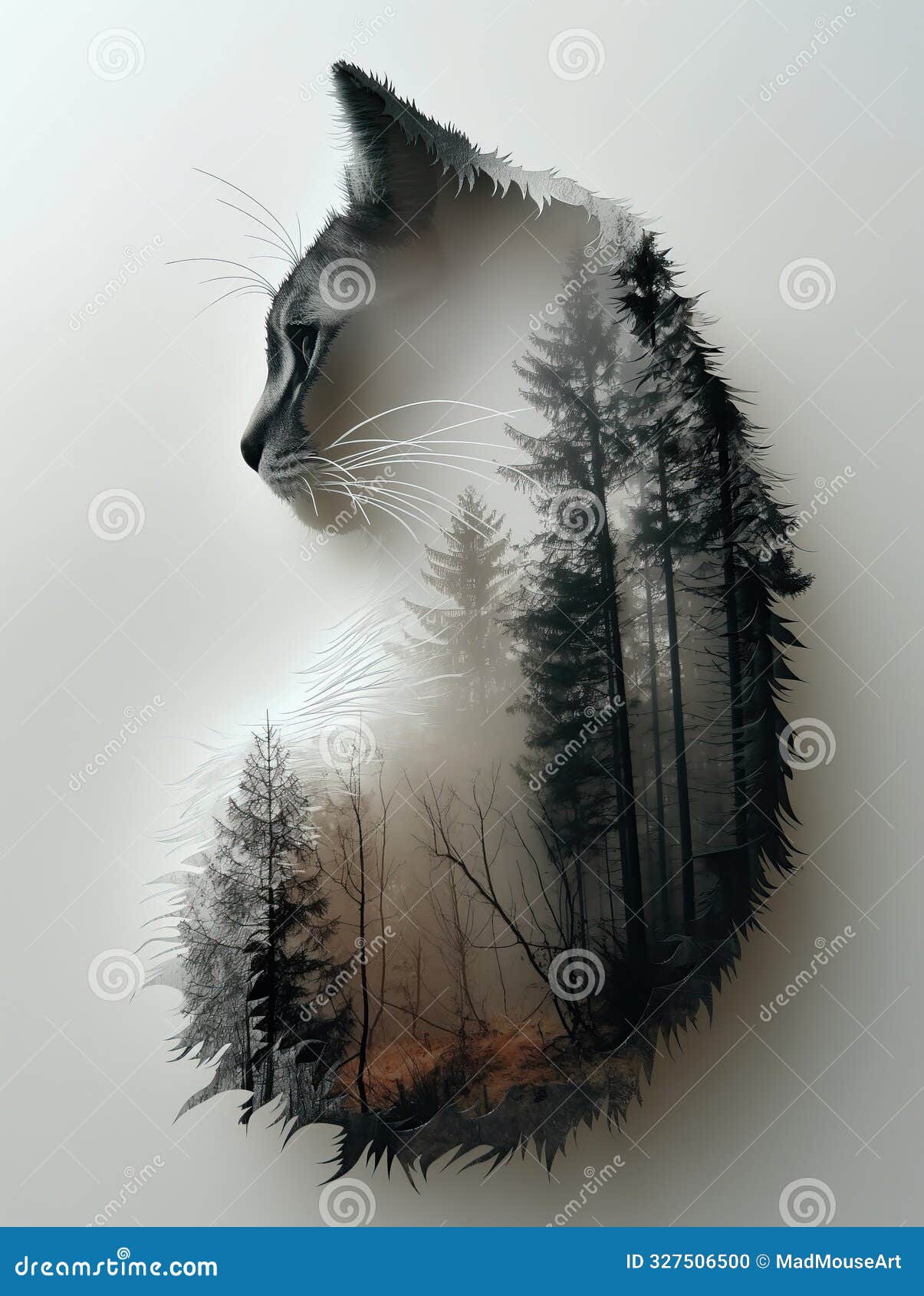 Creative Photo with Double Exposure. Silhouette of a Cat Against a ...