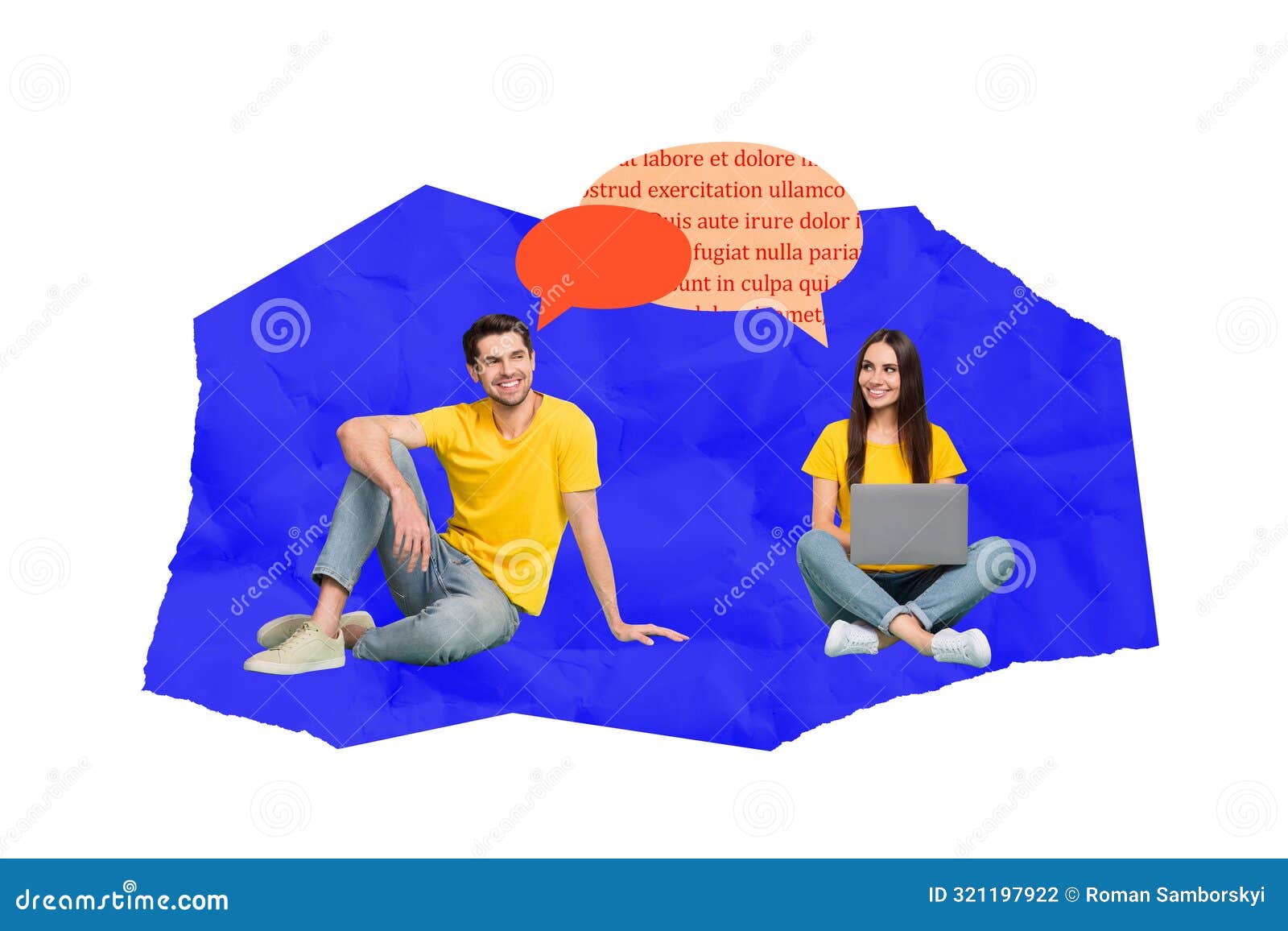 Creative Picture Collage Young Man Woman Sit Computer Communication ...