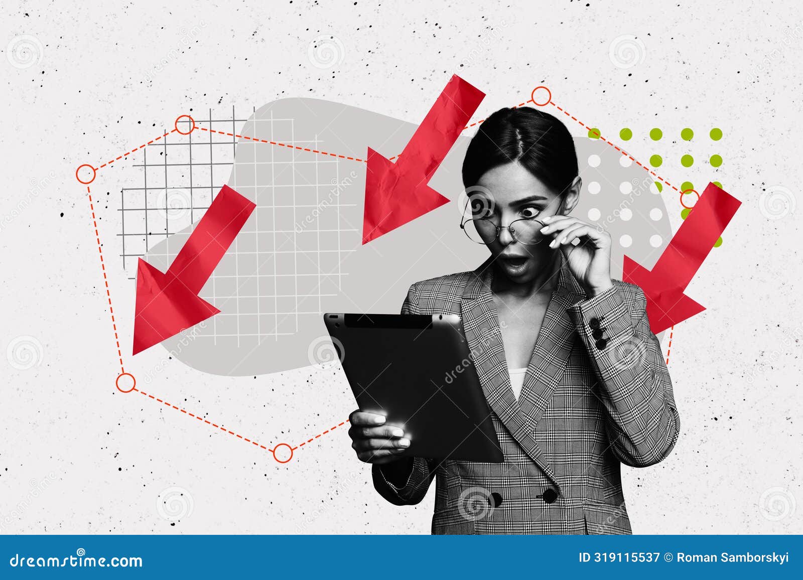 Creative Picture Collage Young Woman Entrepreneur Forex Market Falling Downwards Decrease Loss ...