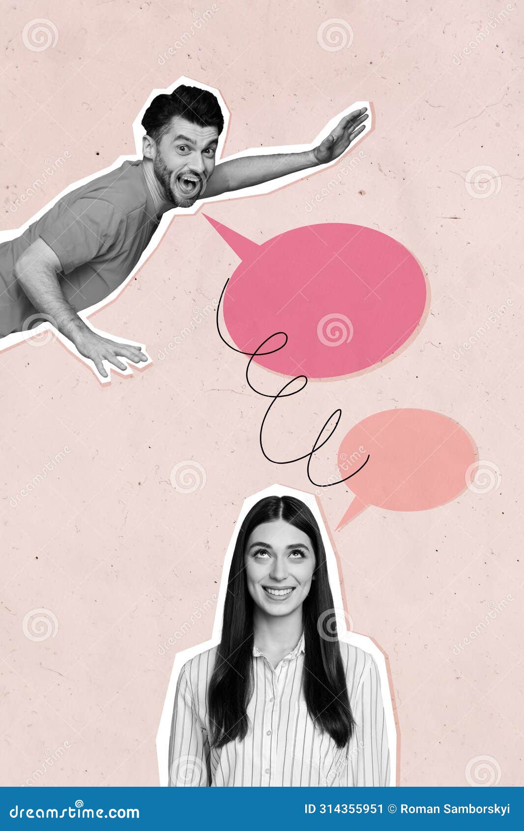 Creative Picture Collage Young Woman Man Communication Textbox ...