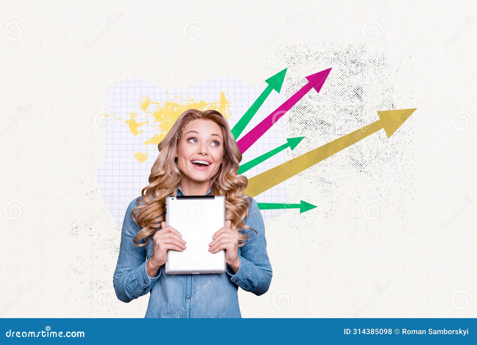 Creative Picture Image Collage Young Cheerful Woman Arrows Pointers ...