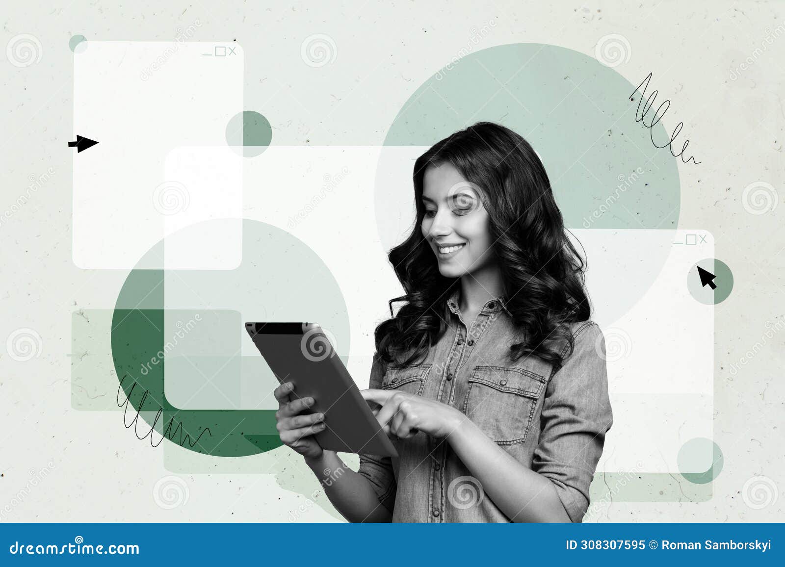 Creative Picture Photo Collage Young Woman Project Manager Browse Table ...