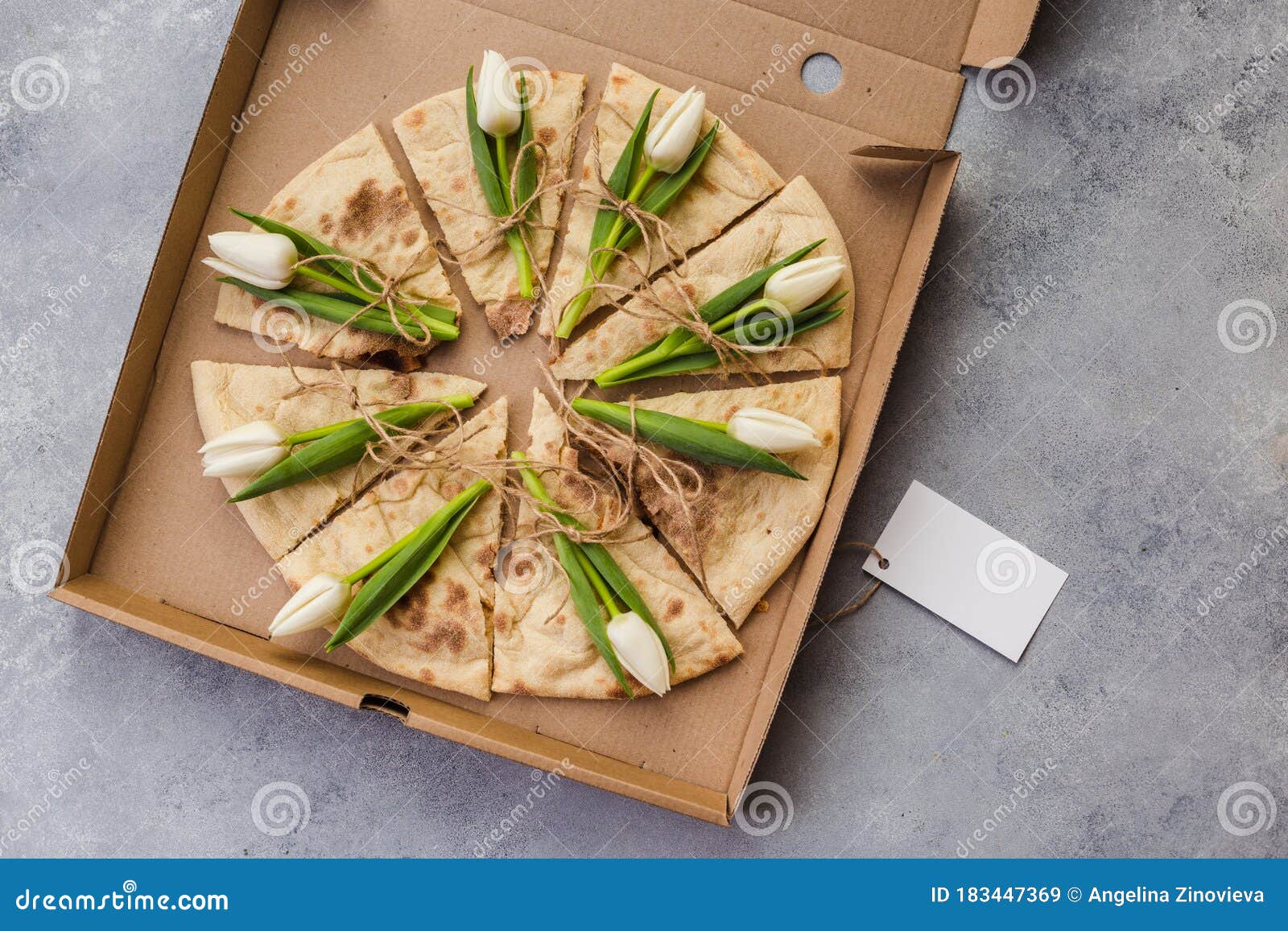 Creative Pizza with Flowers Tulips in Paper Box Stock Image - Image of ...