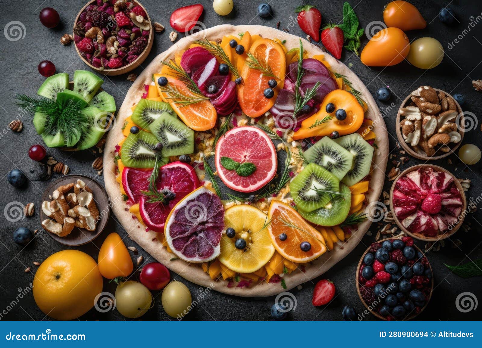 Creative Pizza Toppings with Fruit and Vegetables Stock Photo - Image ...