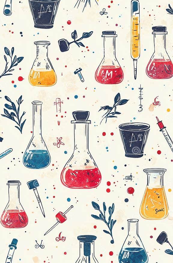 Seamless Pattern with Colorful Scientific Doodles Featuring Laboratory ...