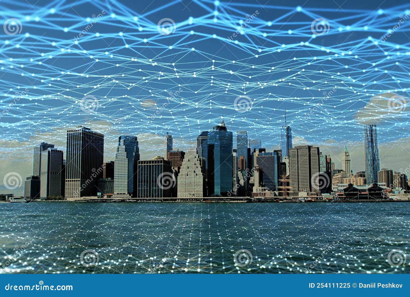 Creative Polygonal Mesh Waterfront City Skyline Backdrop. Smart City and Web Network Concept ...