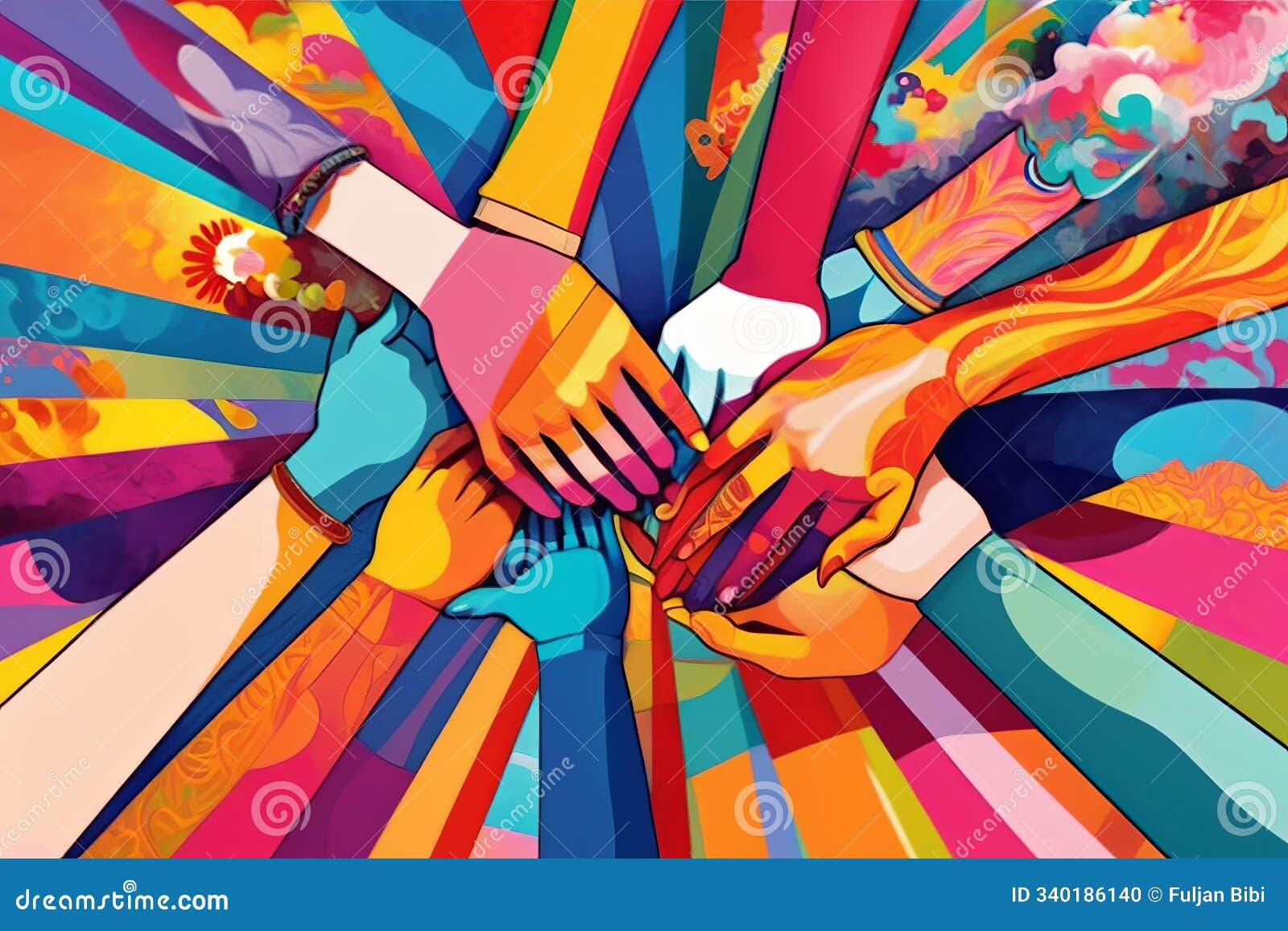 Creative Pop Art Illustration Featuring Vibrant Figures Holding Hands ...