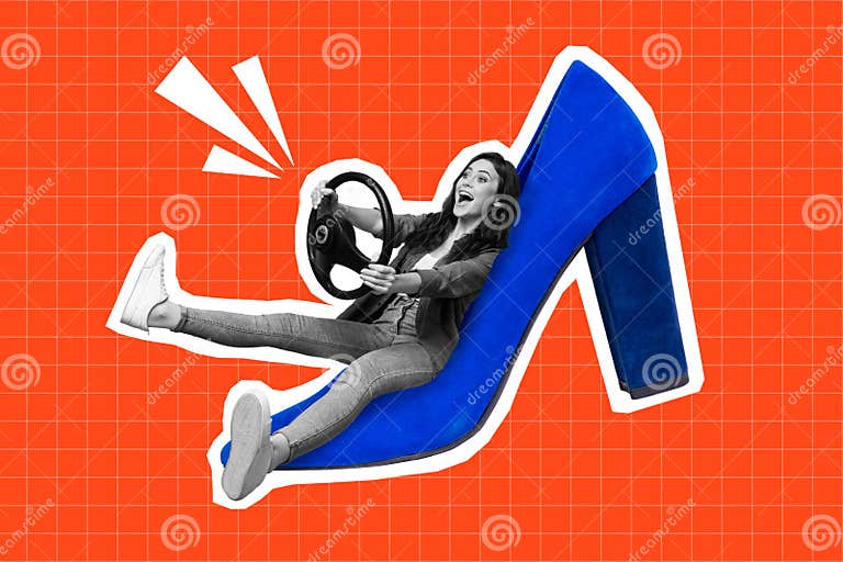 Creative Poster Collage Of Excited Funny Energetic Young Woman Driving Female Big Shoe Heel