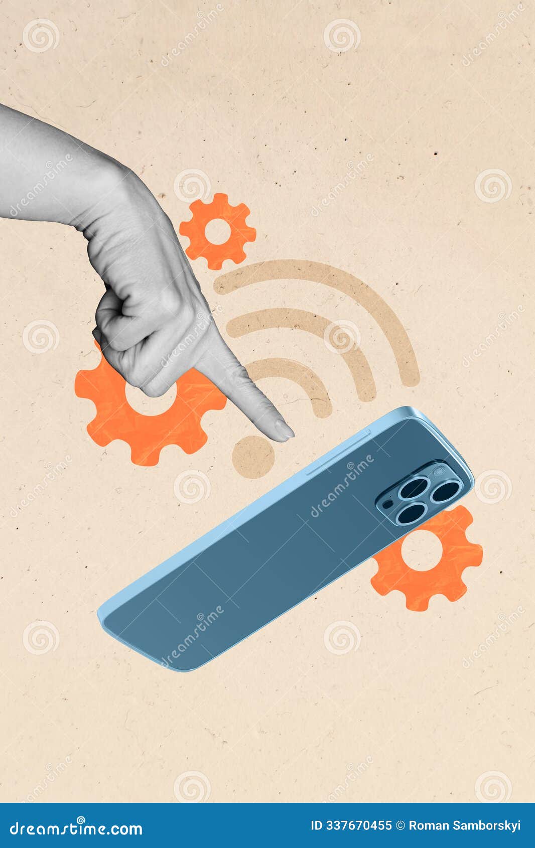 Creative Poster Collage of Finger Click Device Telephone Setting Wifi ...