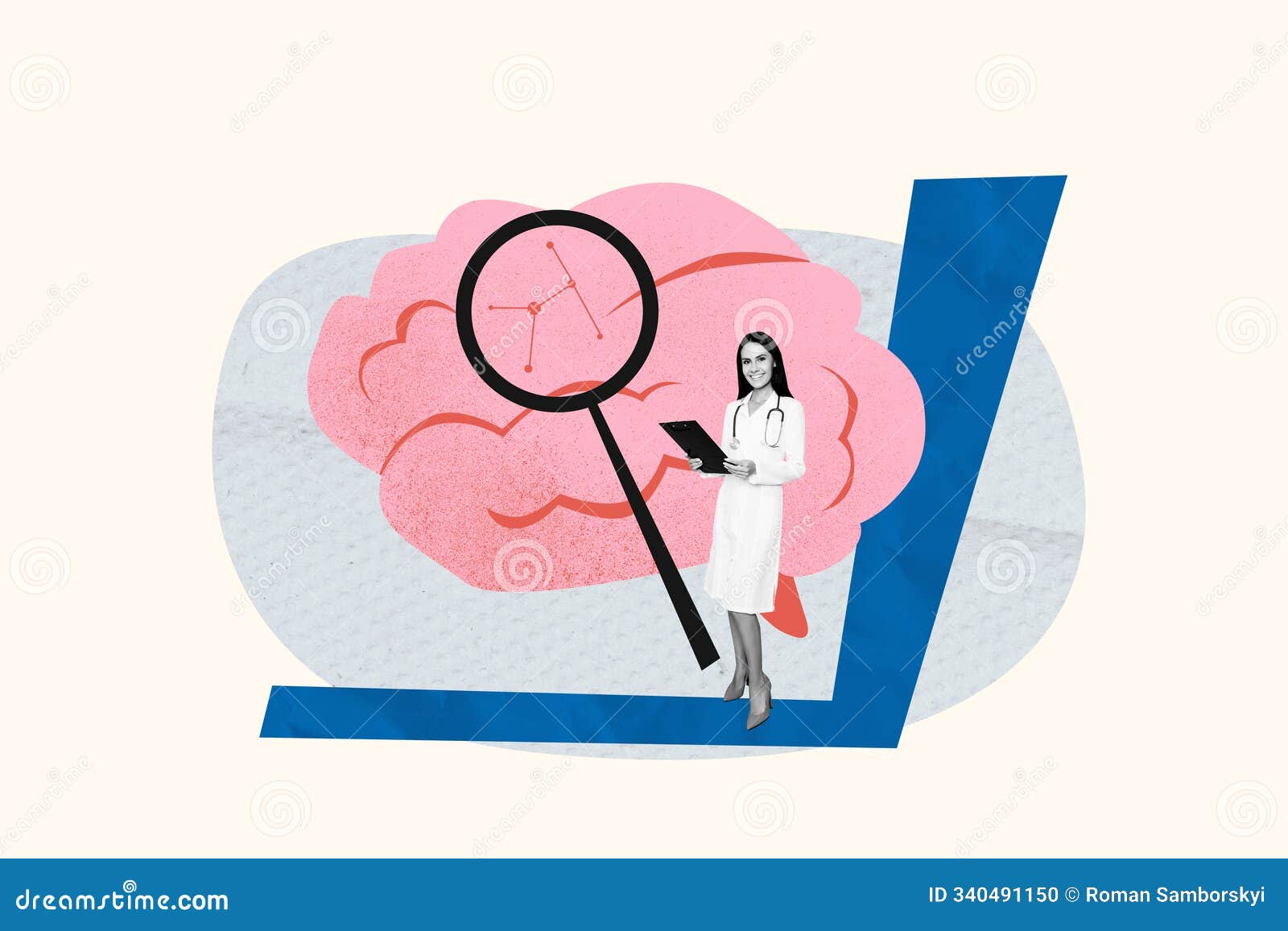 Creative Poster Collage Young Woman Doctor Magnifying Loop Explore Mind ...