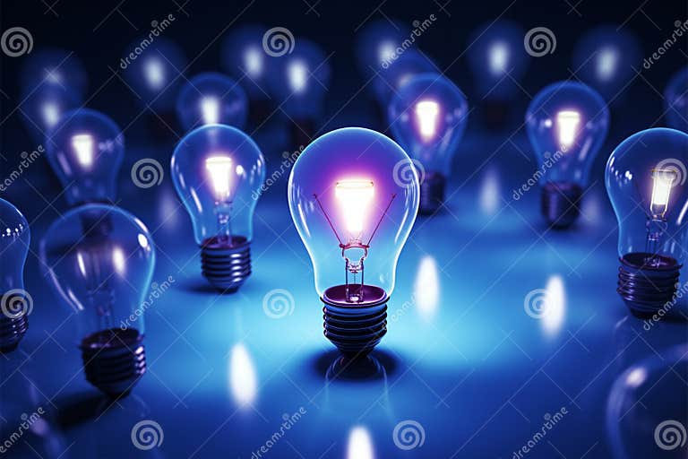Creative Problem Solving Concept, a Glowing Lamp Amid Blue Lightbulbs ...