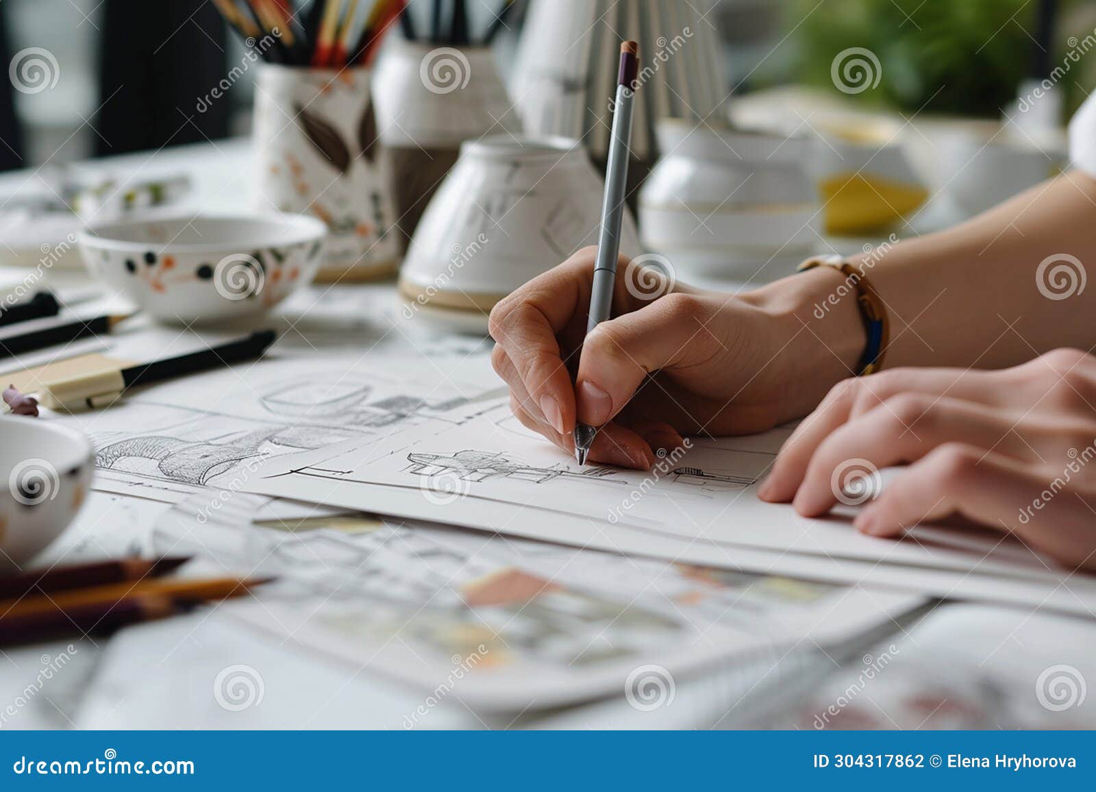 Creative Process of an Artist Drawing Intricate Dinnerware Patterns ...