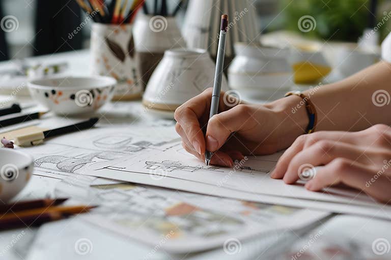 Creative Process of an Artist Drawing Intricate Dinnerware Patterns ...