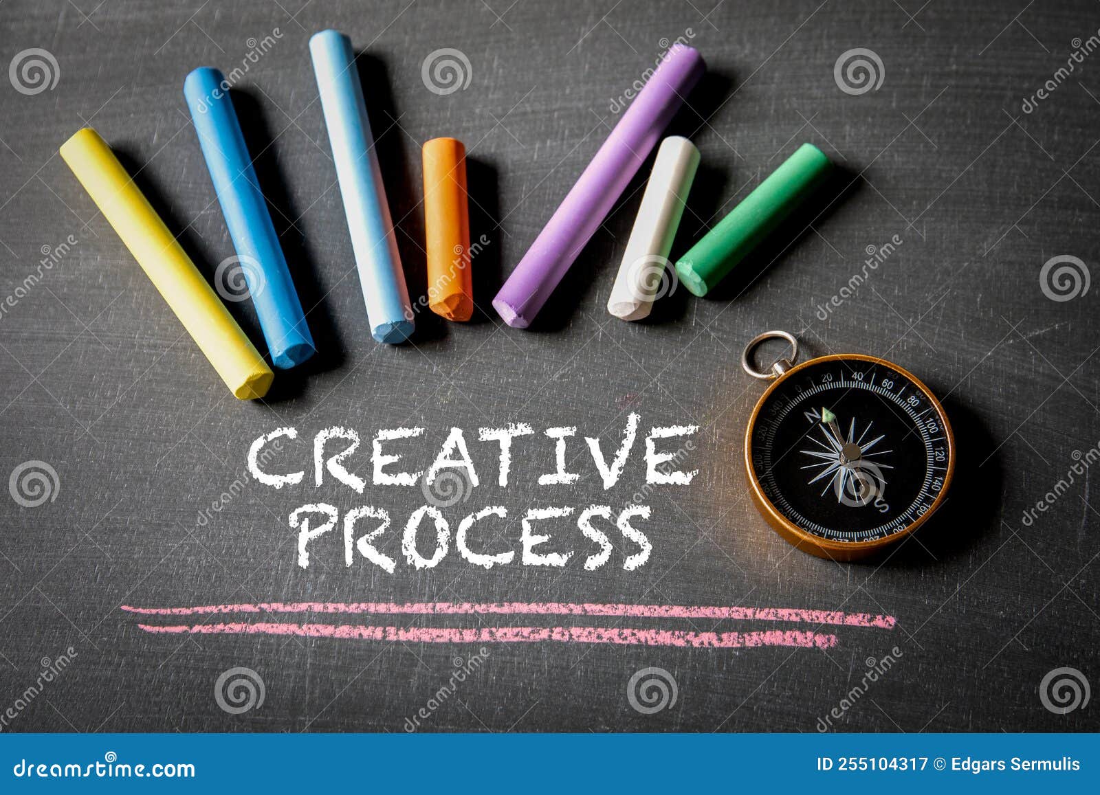 CREATIVE PROCESS. Compass and Colored Pieces of Chalk on a Blackboard ...