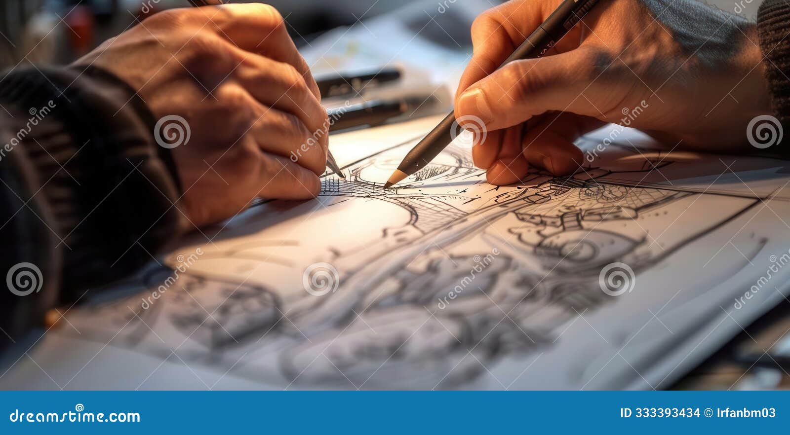 Creative Process. Illustrator Working on a Comic Strip Creation Concept ...