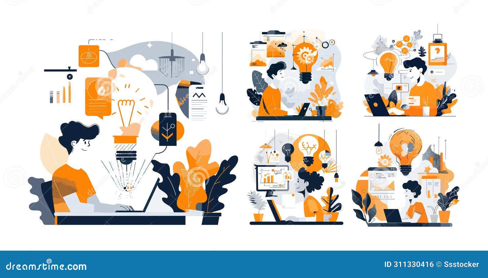 Creative Process Scenes Minimalistic Cartoon Vector Concepts. Sitting ...