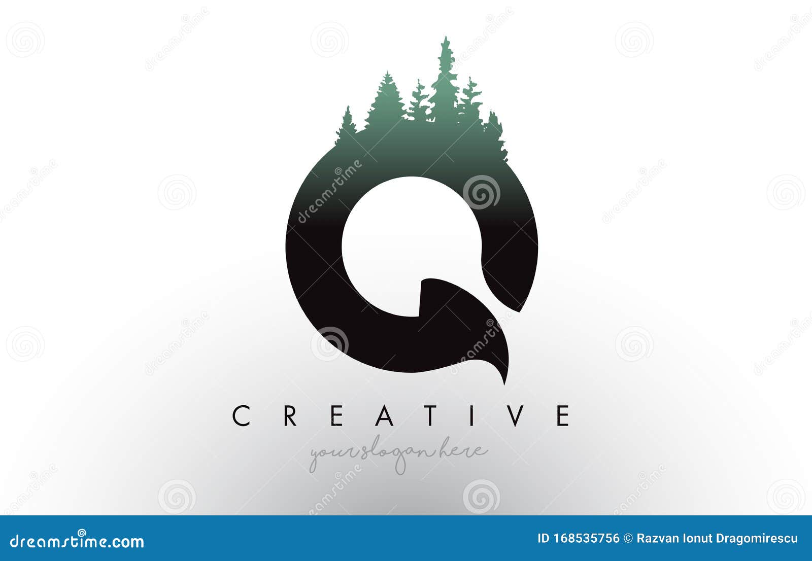 Creative Q Letter Logo Idea with Pine Forest Trees. Letter Q Design ...