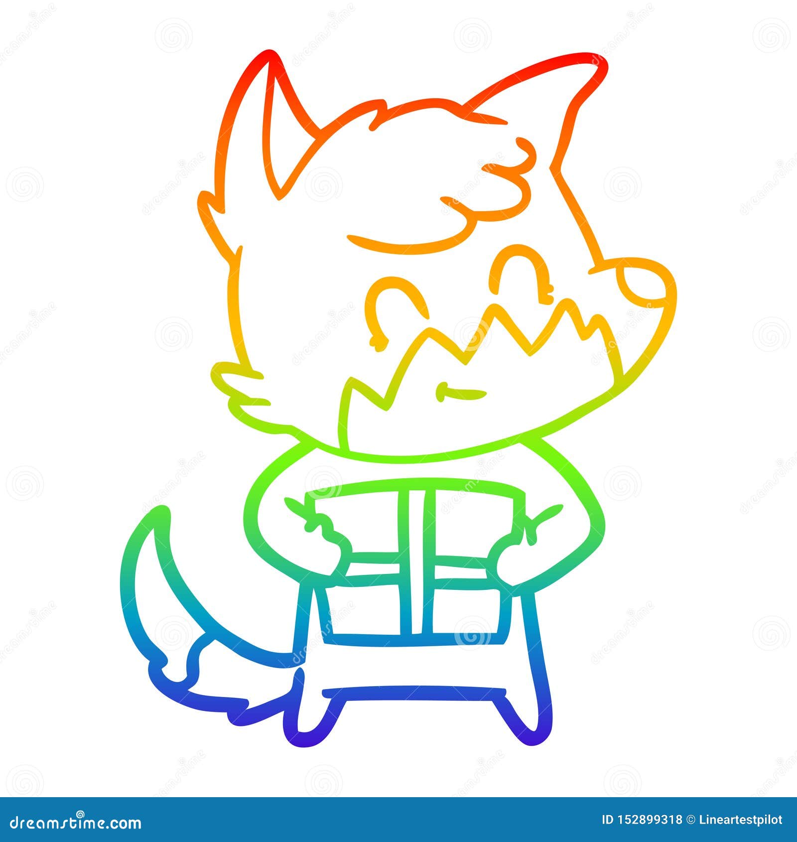 A Creative Rainbow Gradient Line Drawing Cartoon Friendly Fox with Gift ...