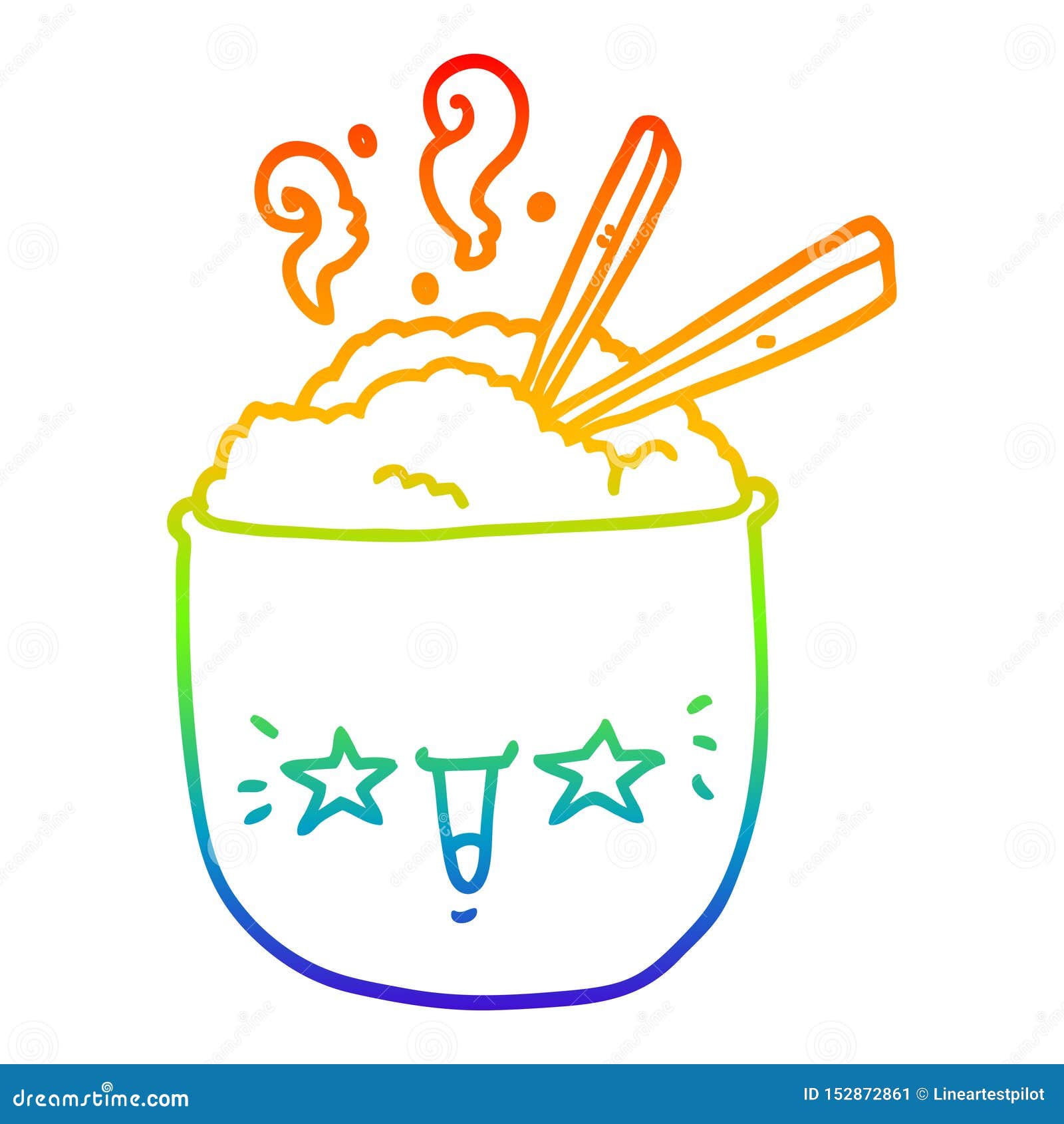 A Creative Rainbow Gradient Line Drawing Cartoon Rice Bowl with Face ...