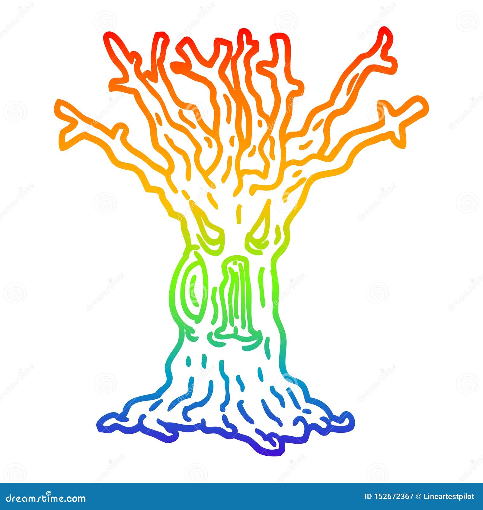 A Creative Rainbow Gradient Line Drawing Cartoon Spooky Tree Stock ...