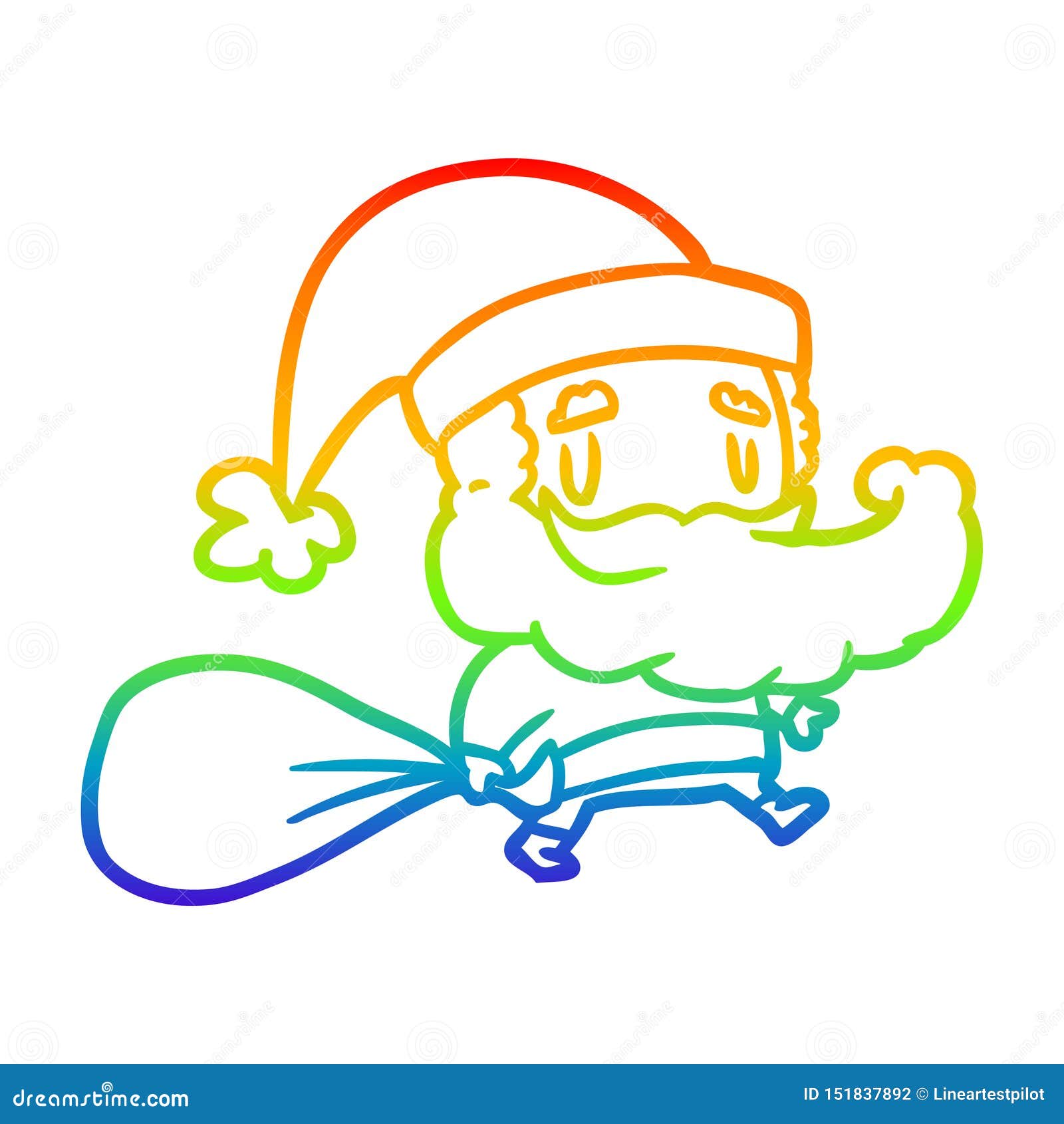 A Creative Rainbow Gradient Line Drawing Santa Claus Carrying Sack of ...