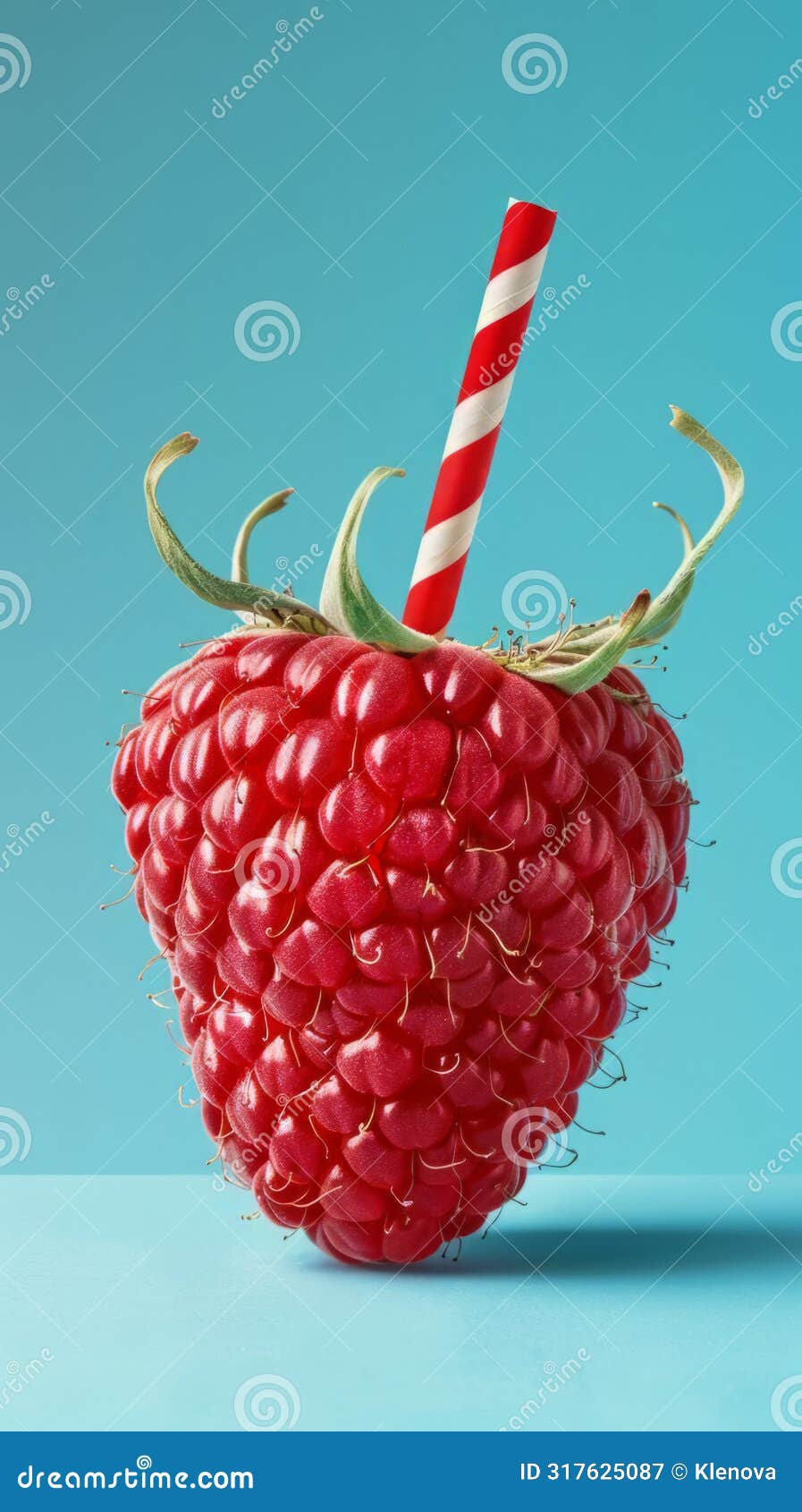 Creative Raspberry with Striped Straw on Blue Background Stock ...