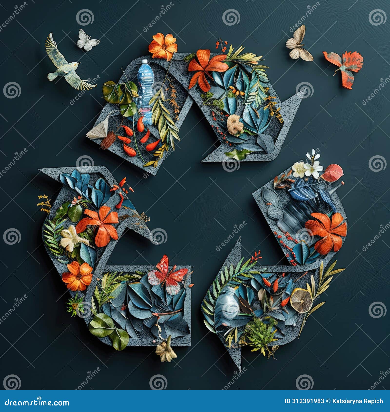 Creative Recycle Symbol Made of Leaves and Flowers on Dark Background ...