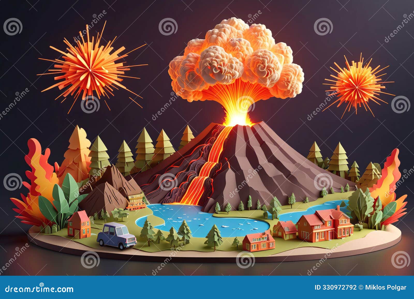 Creative Representation of Erupting Volcano with Flowing Lava and ...