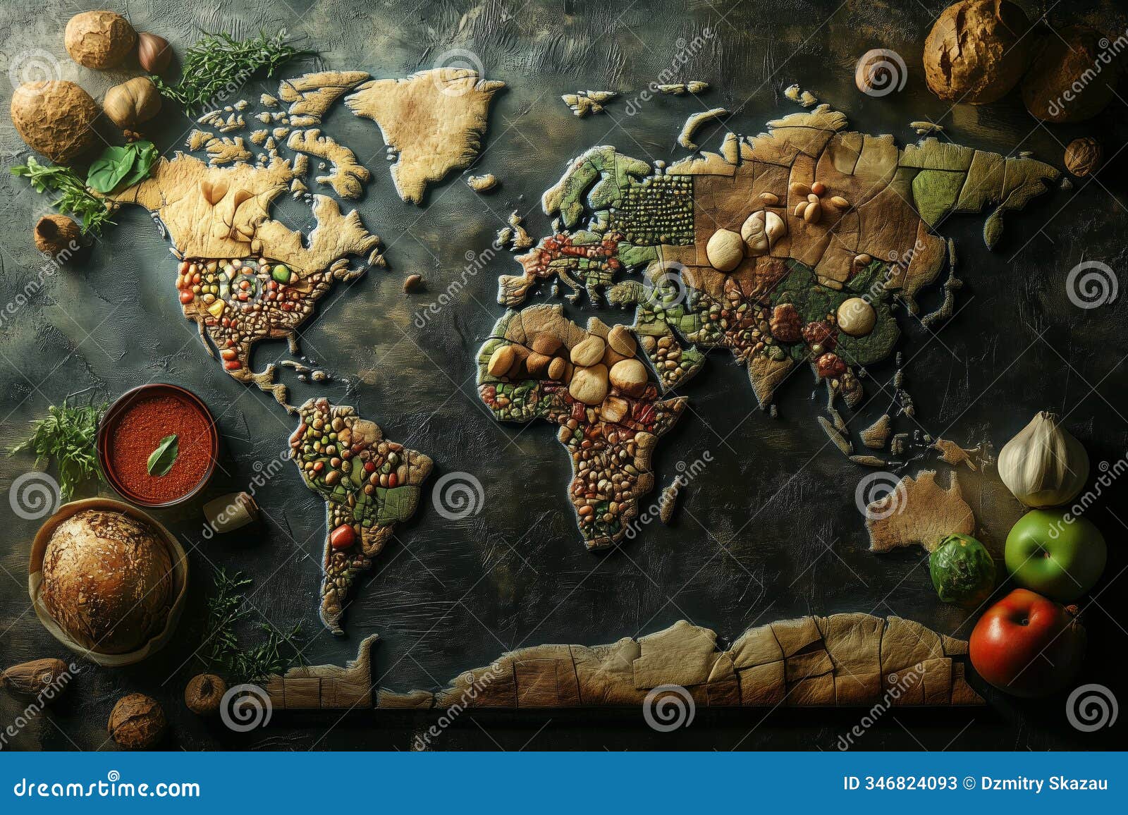 Artistic Global Map Made from Grains and Seeds Showcasing World Regions ...