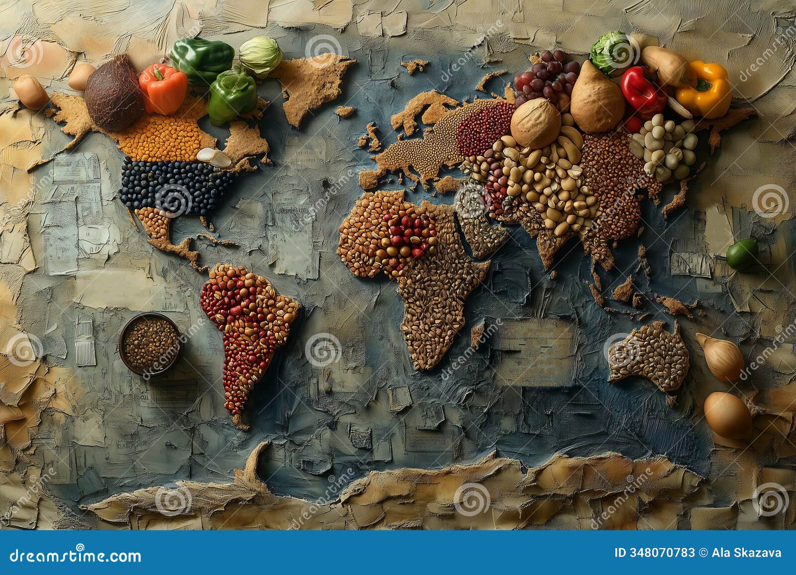 Artistic Global Map Made from Grains and Seeds Showcasing World Regions ...