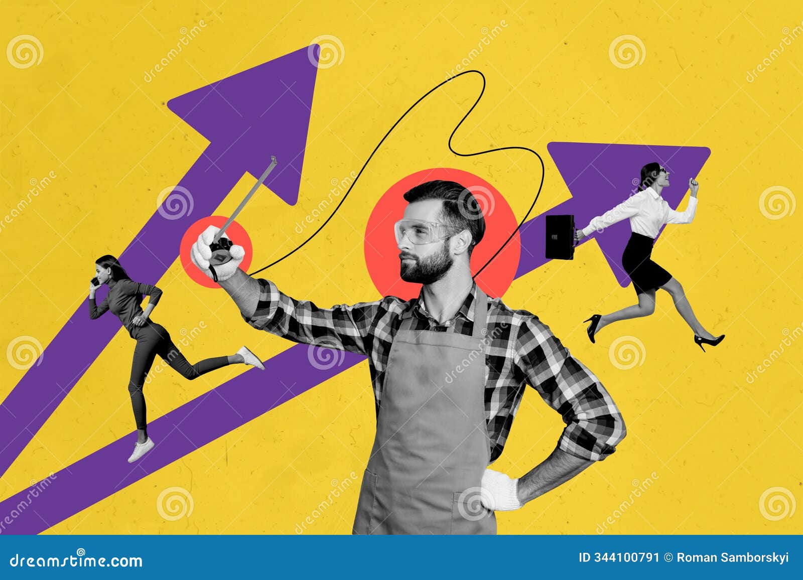 Creative Retro 3d Magazine Collage Image of Guy Measuring Lady Workers ...