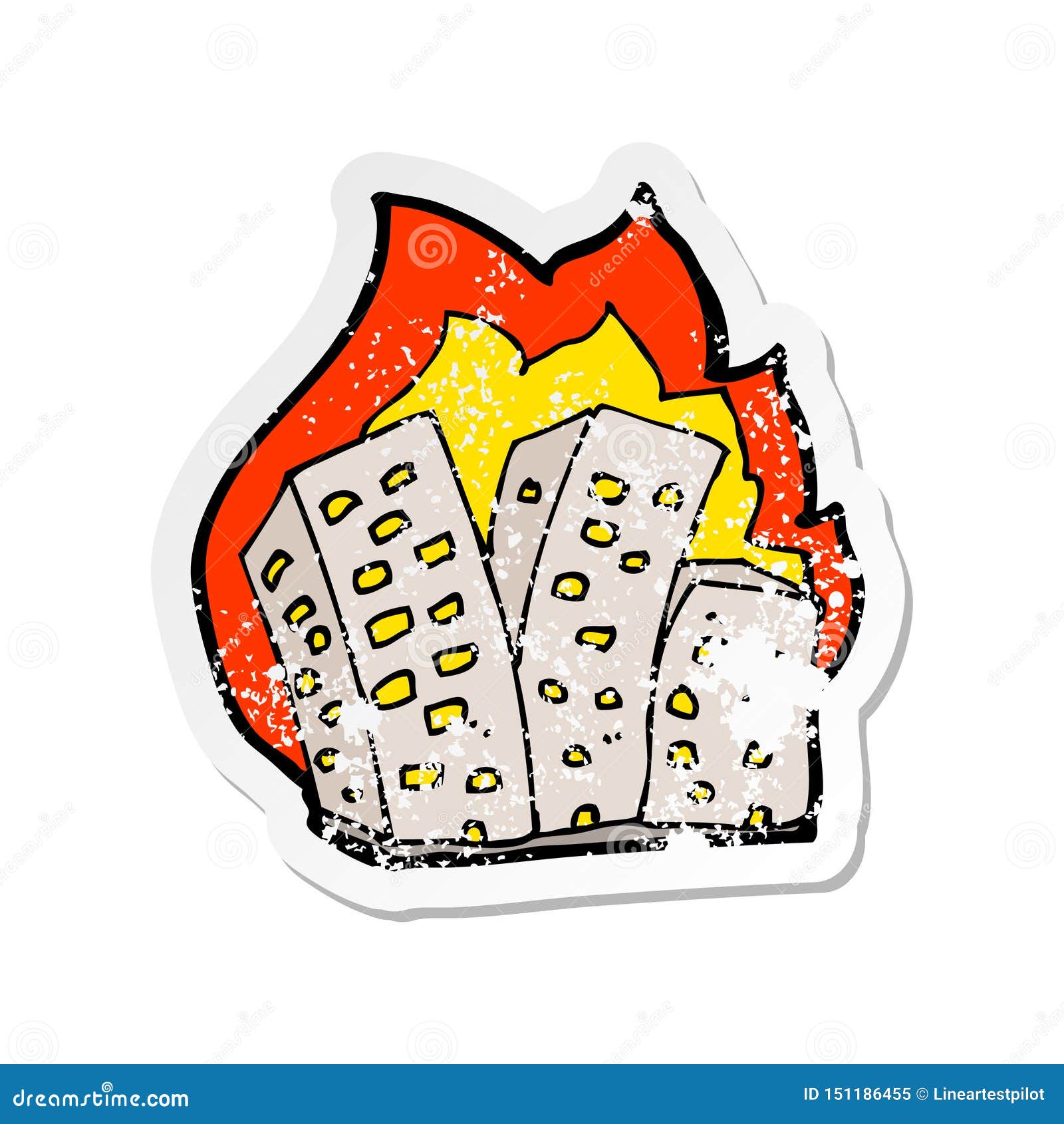 A Creative Retro Distressed Sticker of a Cartoon Burning Buildings ...