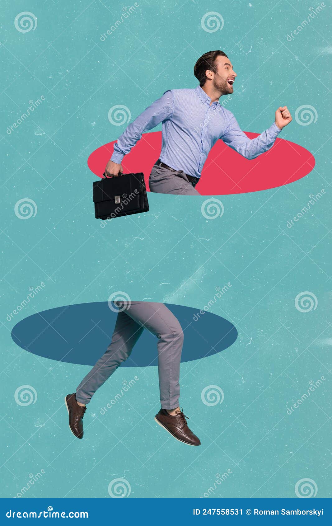 Creative Retro Magazine Collage of Guy Jumping into Circle Legs Appear ...