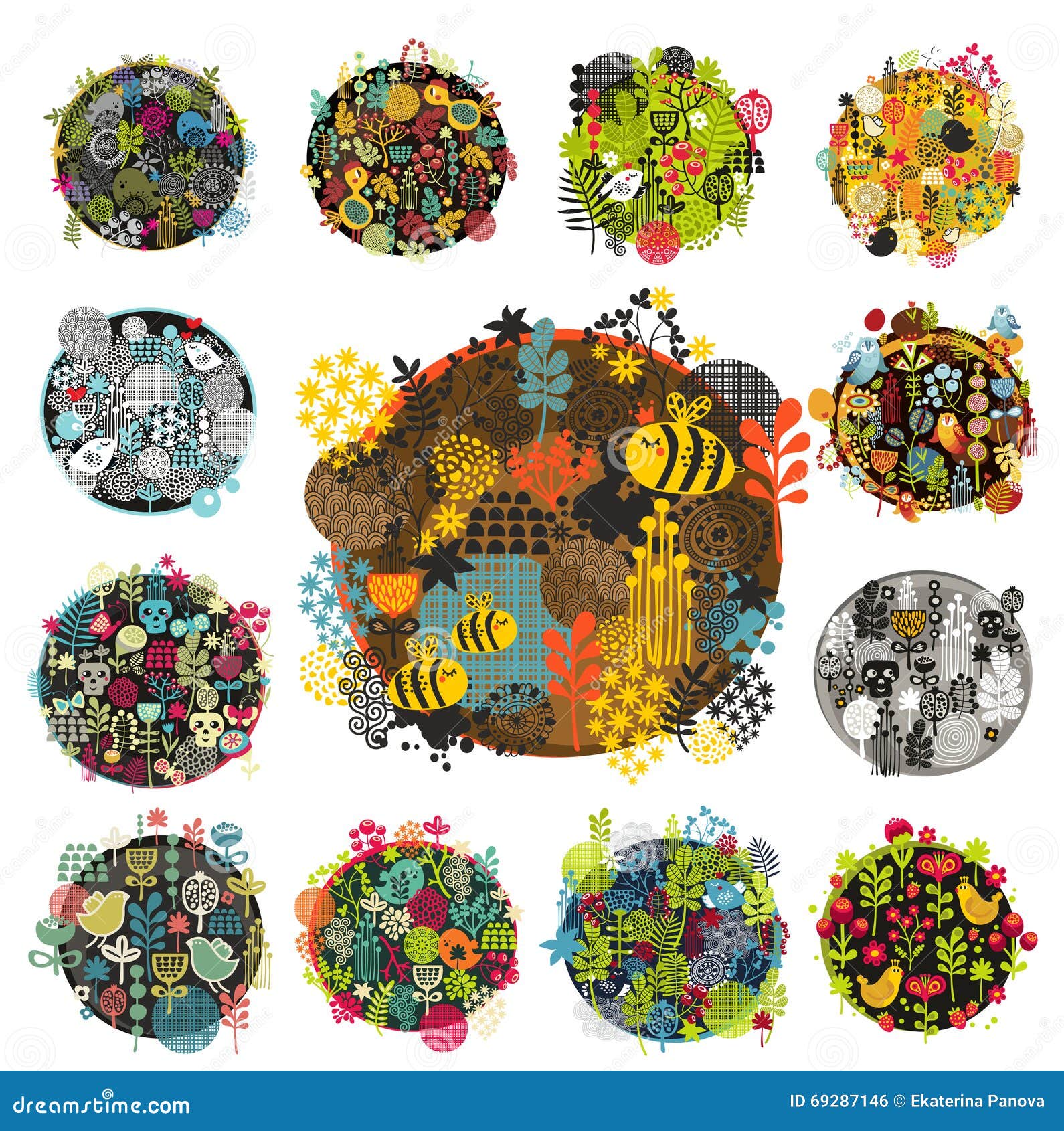 Creative Round Print with Floral Elements. Stock Vector - Illustration ...