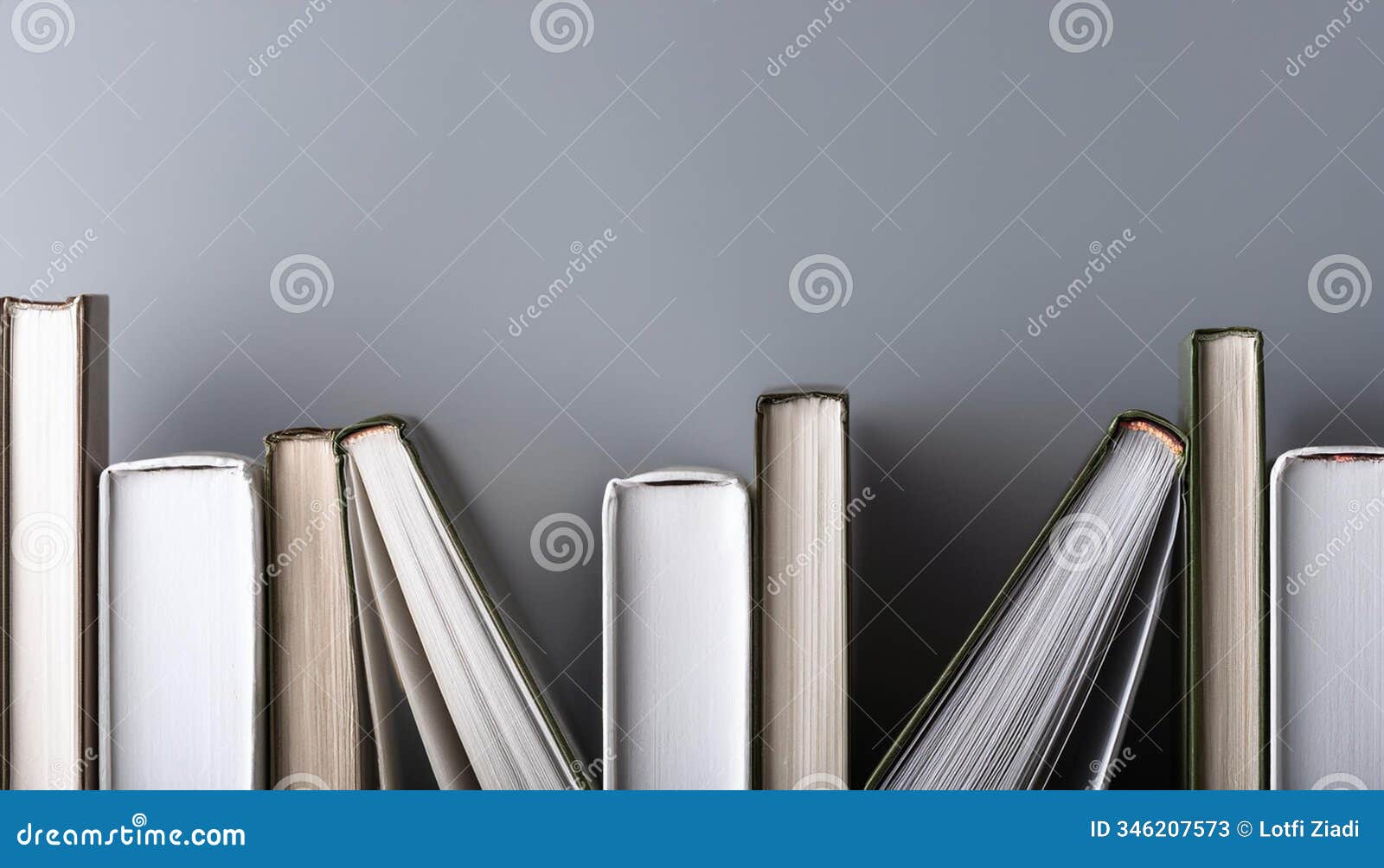 Creative Row of Stacked White Books on Gray Background. Library ...