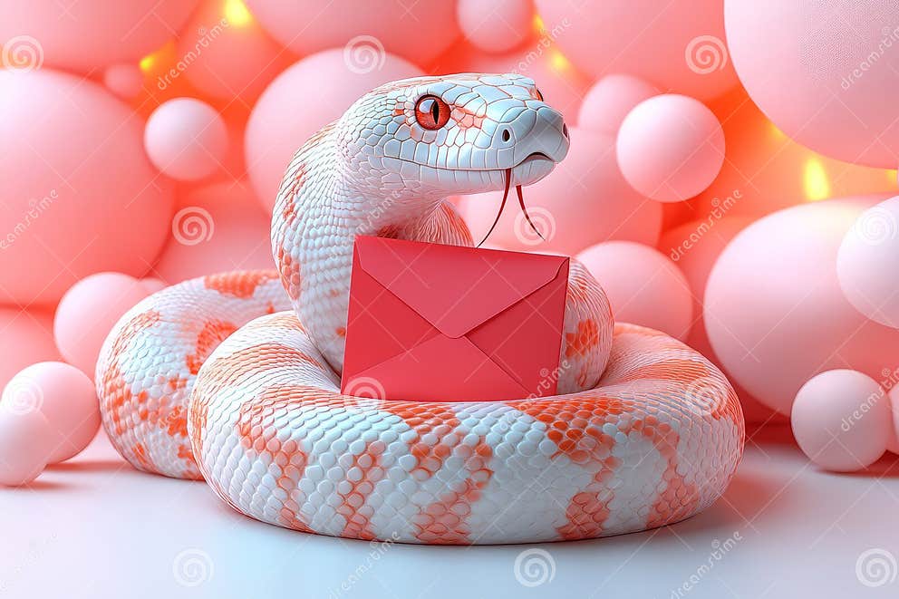 A Creative Scene Featuring a White and Orange Snake Holding a Red ...