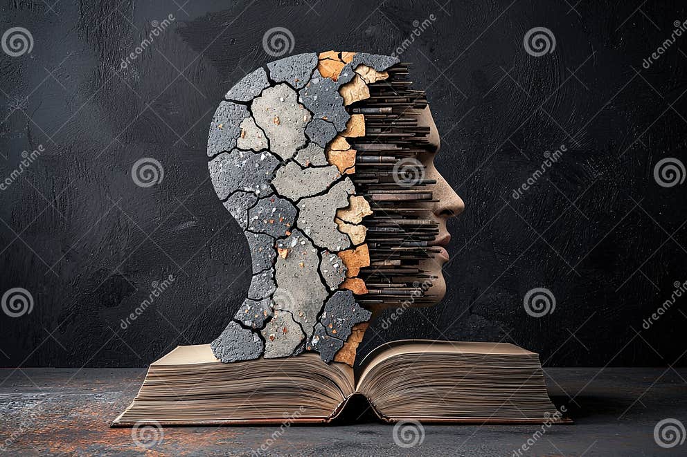 A Creative Sculpture of a Book and a Fragmented Human Head Symbolizing ...