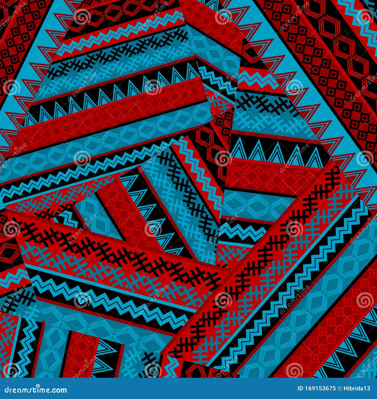 Creative Seamless Patchwork Pattern with Blue and Red Motifs Stock ...