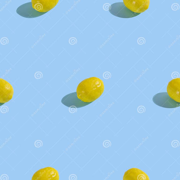 Creative Seamless Pattern with Lemon on Light Blue Background. Tropical ...